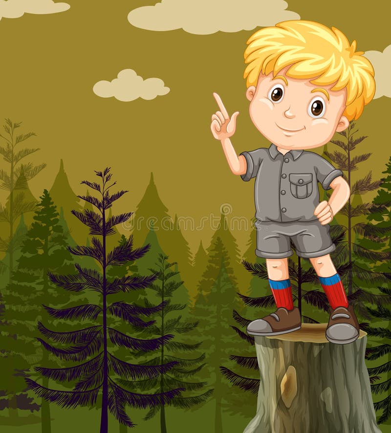 Little boy standing on log stock vector. Illustration of childhood ...