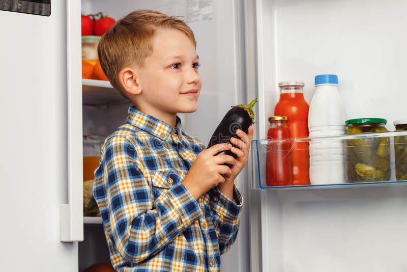 Little Boy Standing Near the Open Fridge Stock Image - Image of fridge ...
