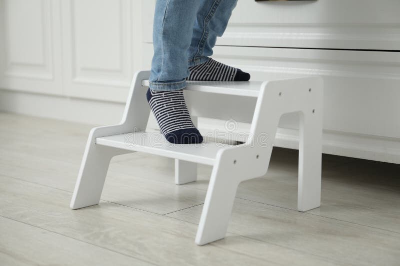Little Boy Standing on Step Stool at Home, Closeup Stock Image - Image ...