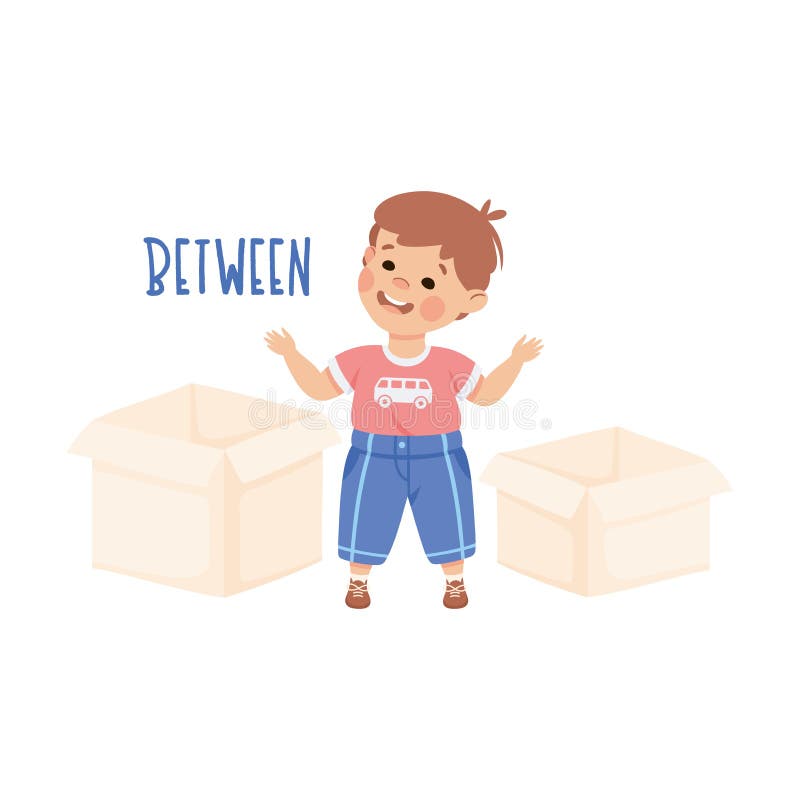 Little Boy Standing between Two Cardboard Box As Preposition ...