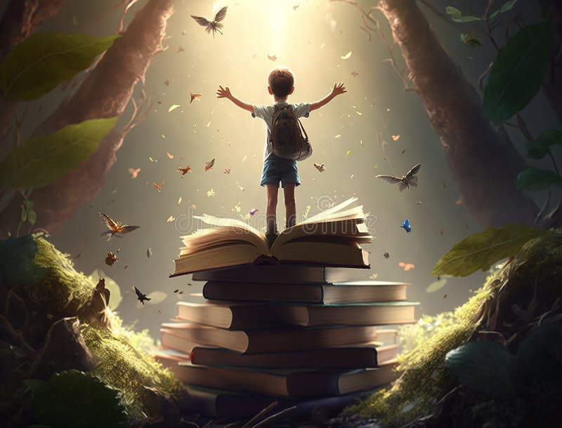 A Little Boy Stands on a Large Stack of Books in a Magical Forest ...