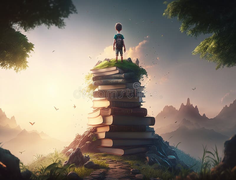 A Little Boy Stands on a Large Stack of Books in a Magical Forest ...