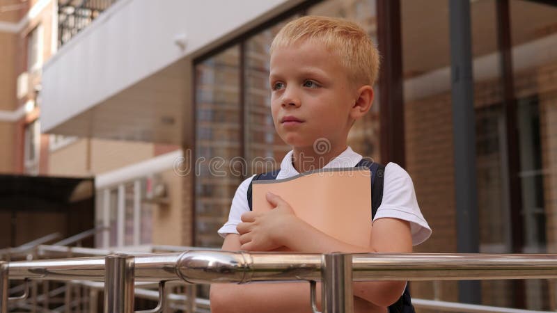 A Little Boy Stands Outside the School Building and Reads Notes in a ...