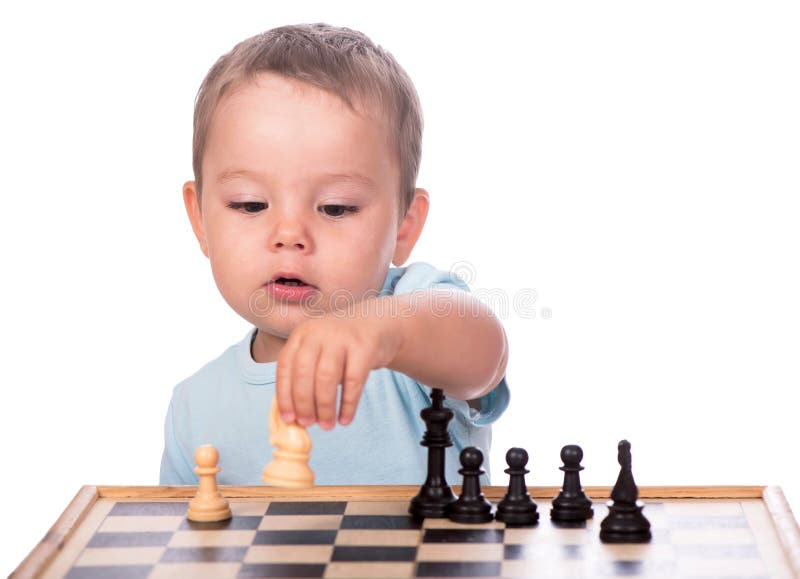 Little Boy Staring at the Chess Pieces Isolated on White Background ...
