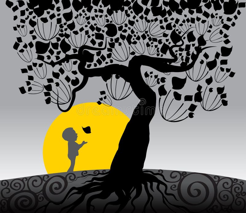 Little Boy Stay Under the Big Tree Stock Vector - Illustration of ...