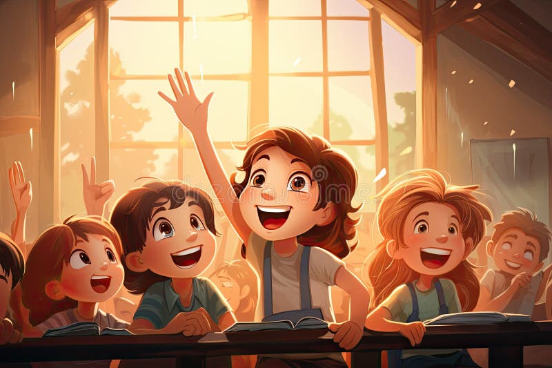 A Little Boy Student Desperately Stretches His Hand in Class To Answer ...