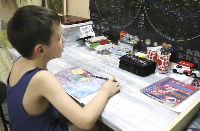 Little Boy Studies Solar System Stock Image - Image of galaxy ...