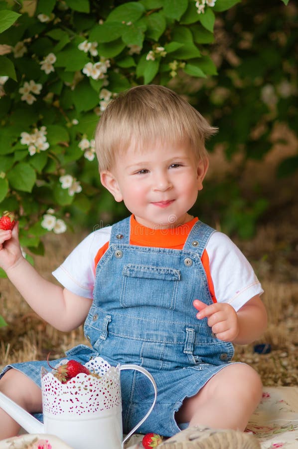 Little Boy in the Summer with Strawberries Stock Image - Image of ...