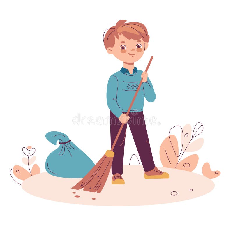 Little Boy Sweeping the Trash. Vector Illustration in Flat Cartoon ...
