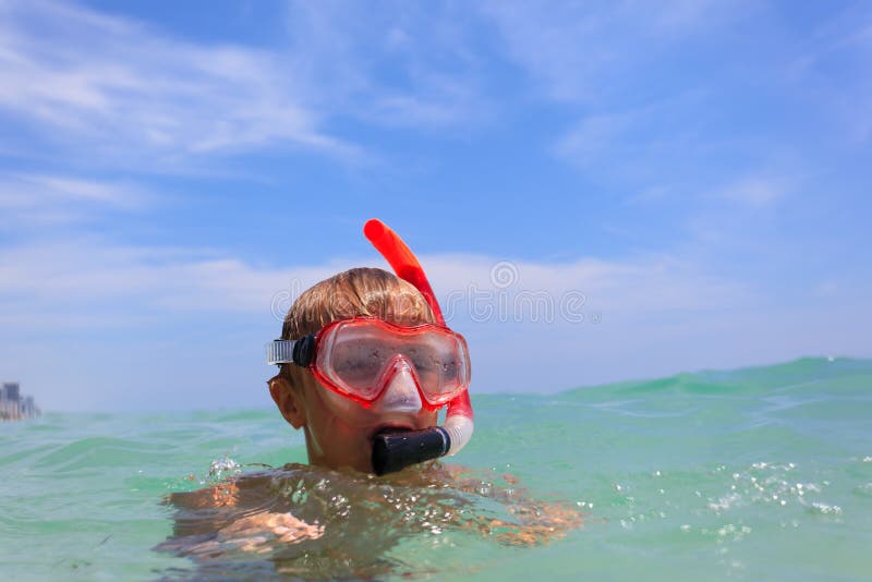 Little Boy Swimming with Mask at Sea Stock Photo - Image of child ...