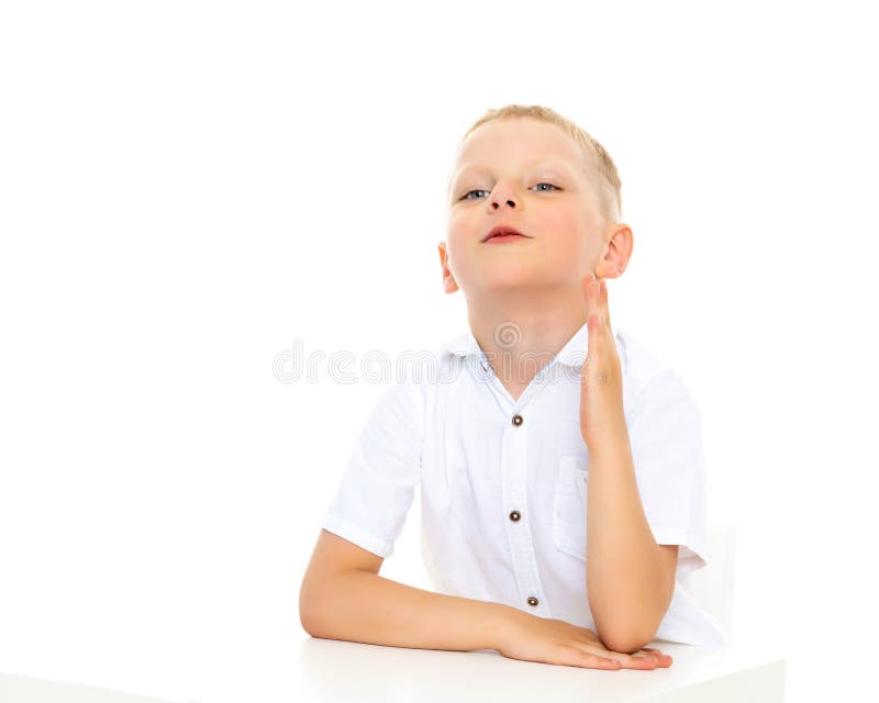 A Little Boy at the Table in the School Does His Homework. Stock Photo ...