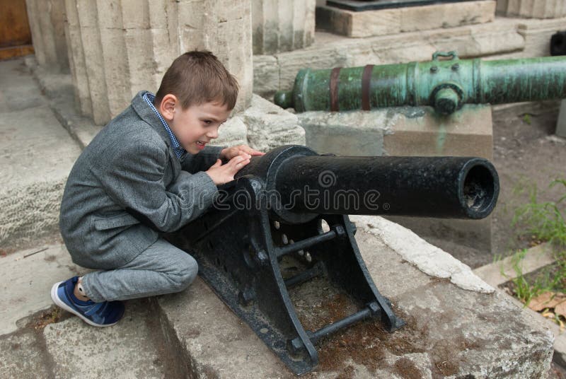 Funny Little Boy with an Old Little Gun Stock Photo - Image of costume ...