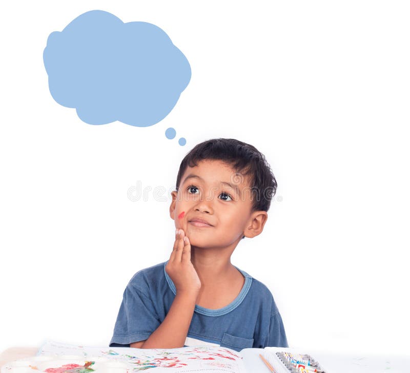 Little Boy Thinking while Doing Homework Stock Photo - Image of book ...