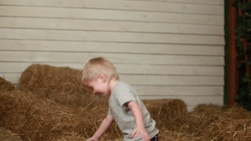 Little Boy Throwing Bale of Straw Stock Video - Video of yellow ...