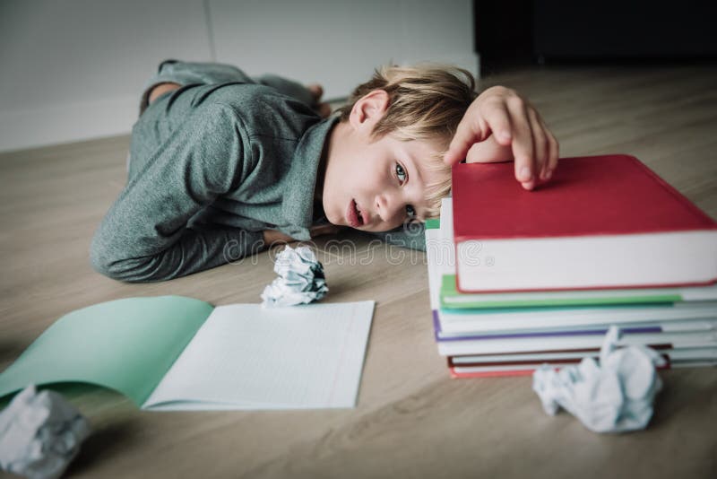 Little Boy Tired Stressed Of Reading, Doing Homework Stock Image ...