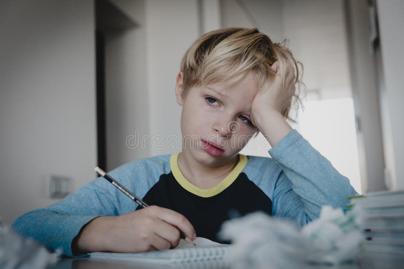 Little Boy Tired Stressed of Writing, Doing Homework Stock Photo ...