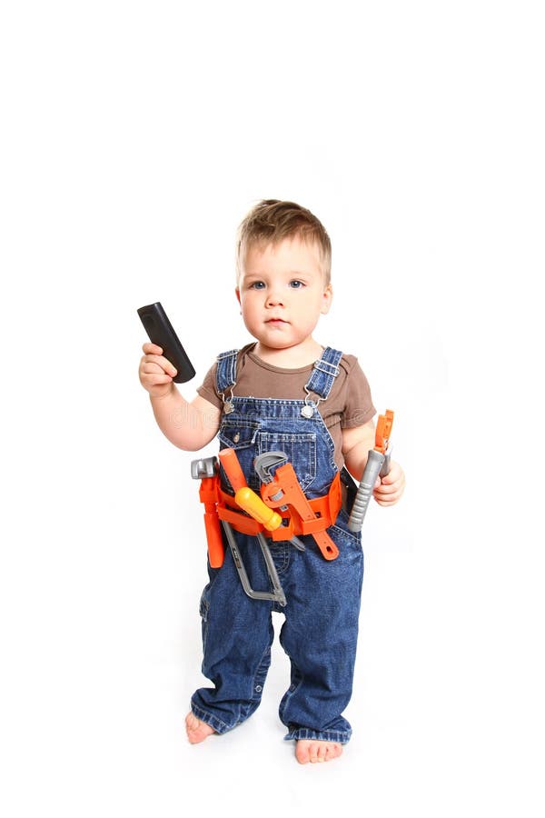 Little Boy Handyman with Helmet and Tool Belt Stock Photo - Image of ...