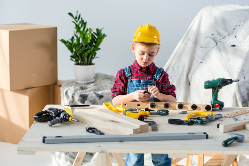 Little boy with tools stock photo. Image of contractor - 90731122