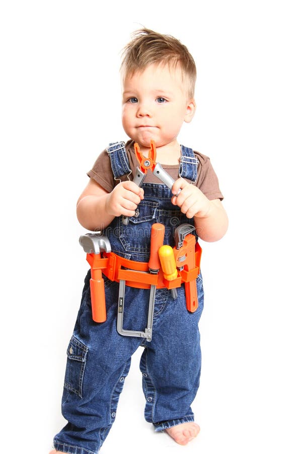 Little Boy Handyman with Helmet and Tool Belt Stock Photo - Image of ...