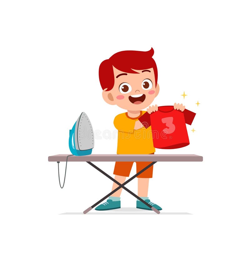 Little Boy Use Electric Iron To Smooth Clothes Stock Vector ...