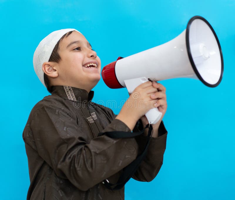 Little Boy Using Megaphone Shouting on Blue Background Stock Photo ...