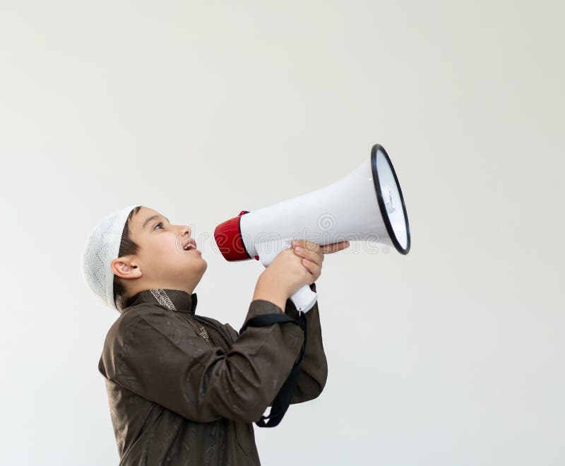 Little Boy Using Megaphone Shouting on Blue Background Stock Photo ...