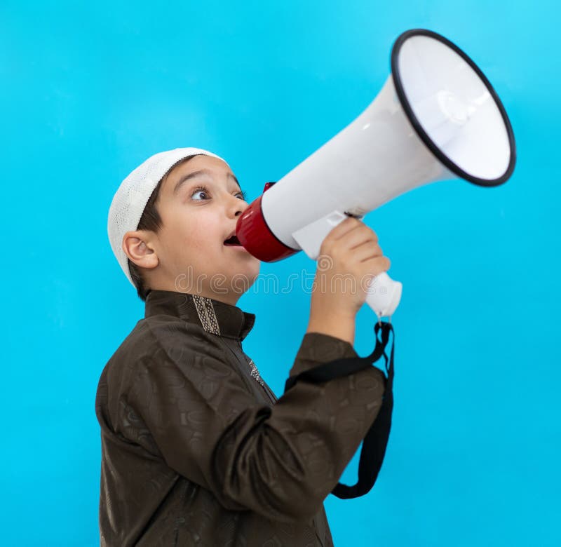 Little Boy Using Megaphone Shouting on Blue Background Stock Image ...