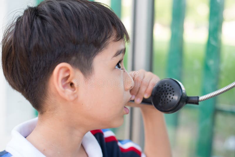 Little Boy Using Public Phone Outdoor Emergency Call Stock Photo ...