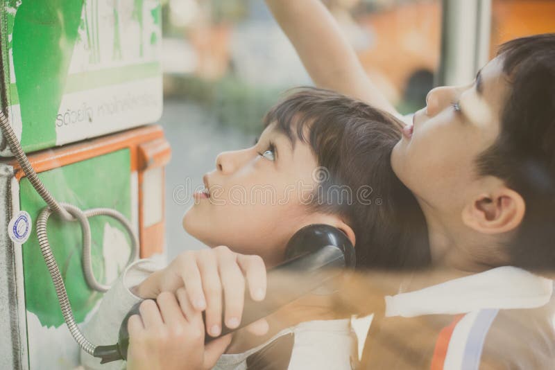 Little Boy Using Public Phone Outdoor Emergency Call Stock Image ...