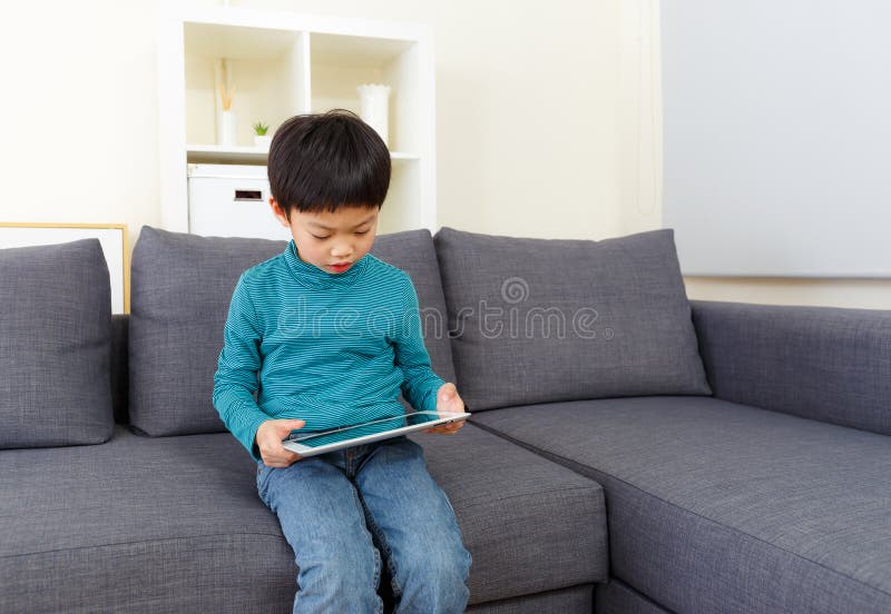 Little Boy Using Tablet Computer Stock Image - Image of casual, home ...