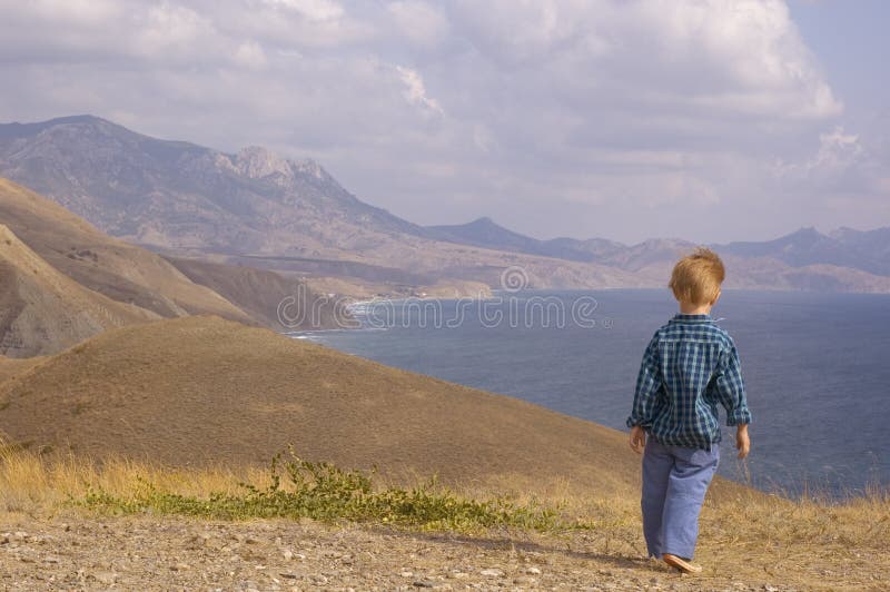 Little Boy Walk in Summer Mountain Stock Image - Image of outdoor, blue ...