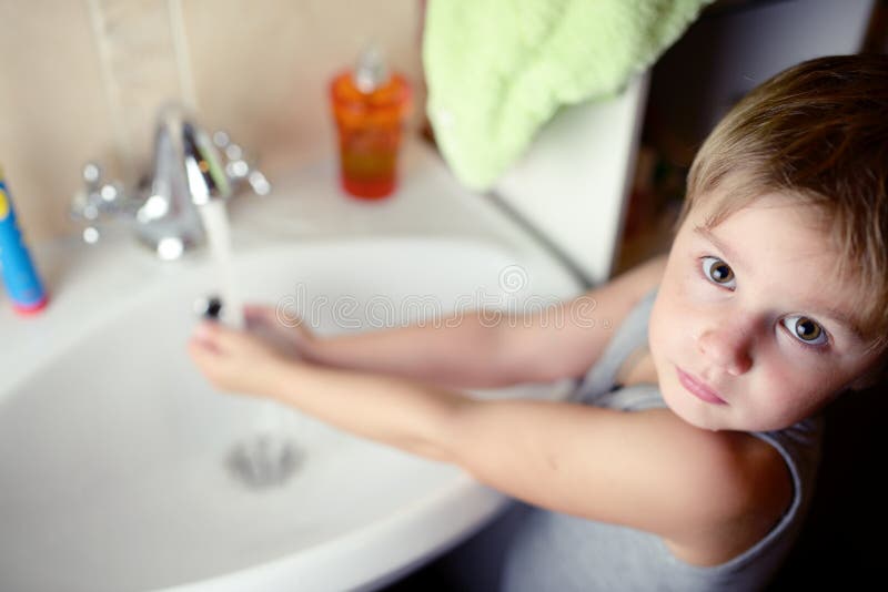 Little Boy Washing Hand in Washbasin Stock Image - Image of hair ...