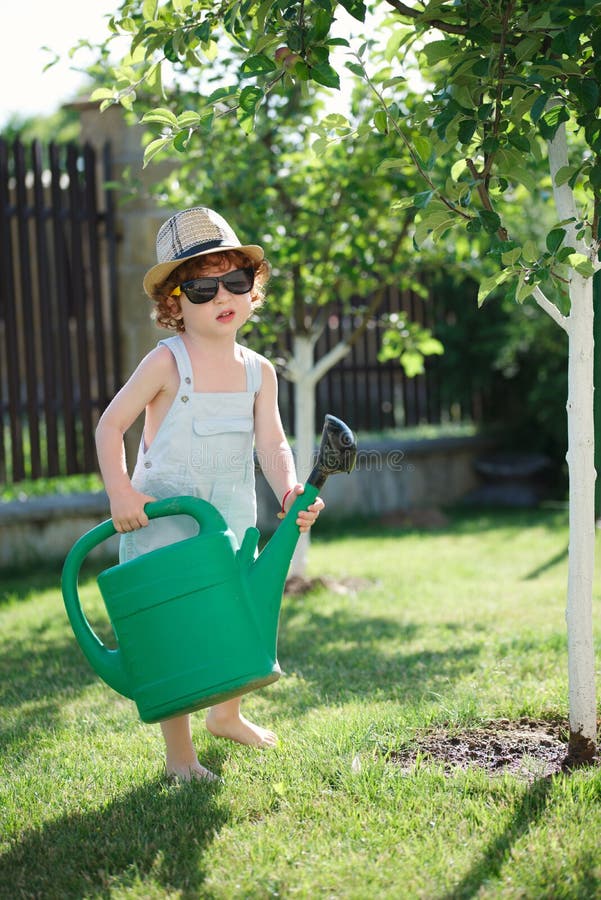 Little Boy Watering Trees in Summer Garden Stock Photo - Image of ...