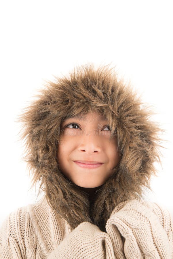 Little Boy Wearing Fur Coat Protect from Cold Snow Over Head Stock ...