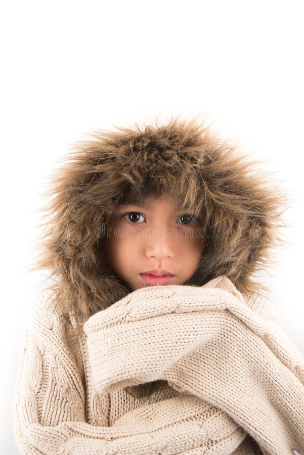 Little Boy Wearing Fur Coat Protect from Cold Snow Over Head Stock ...