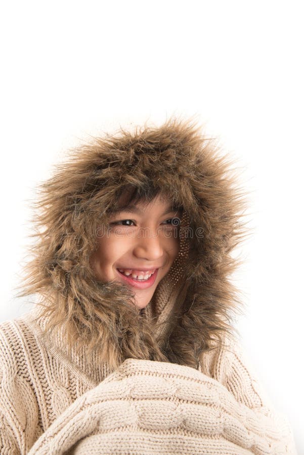 Little Boy Wearing Fur Coat Protect from Cold Snow Over Head Stock ...
