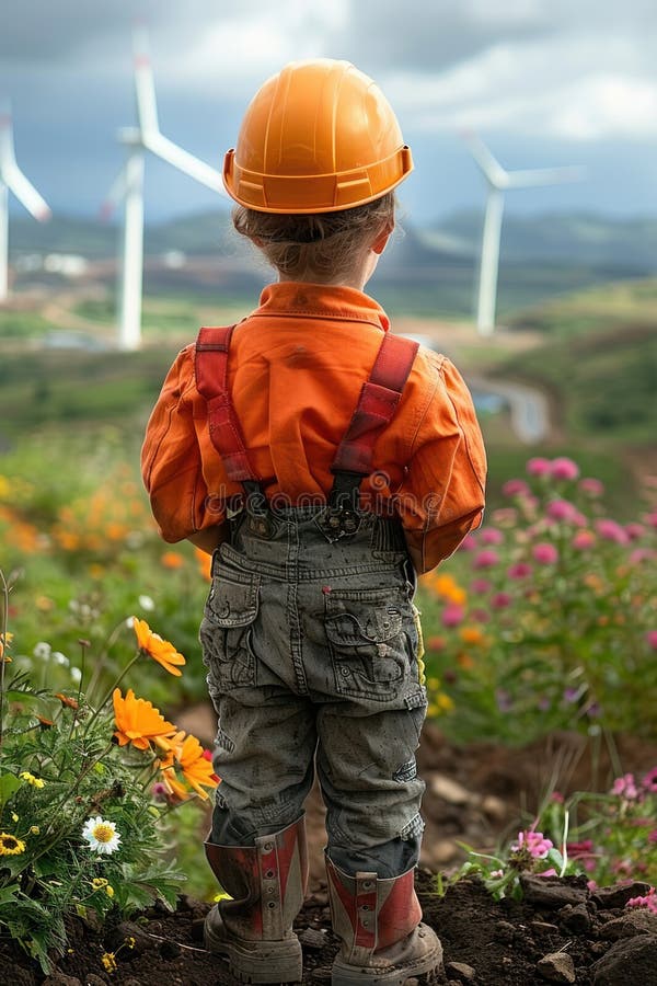 A Little Boy Wearing a Hard Hat and Overalls Stands Confidently Stock ...