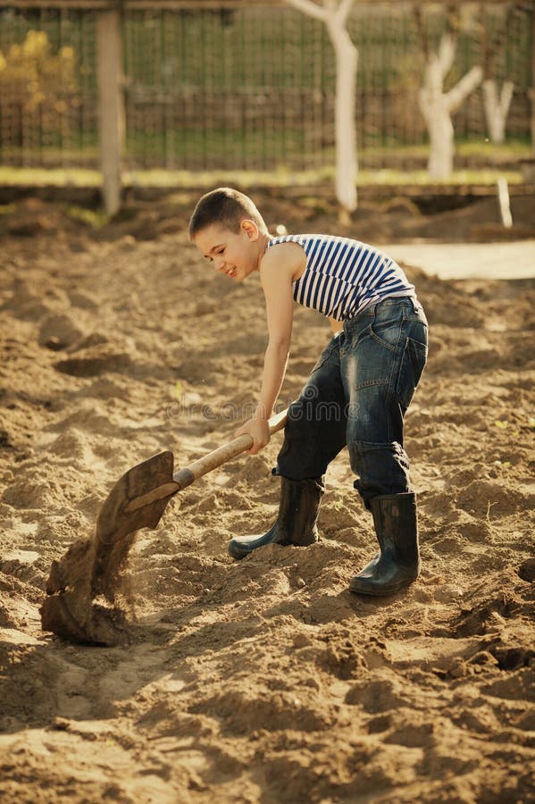 Little Boy Working with Shovel in Garden Stock Image - Image of field ...