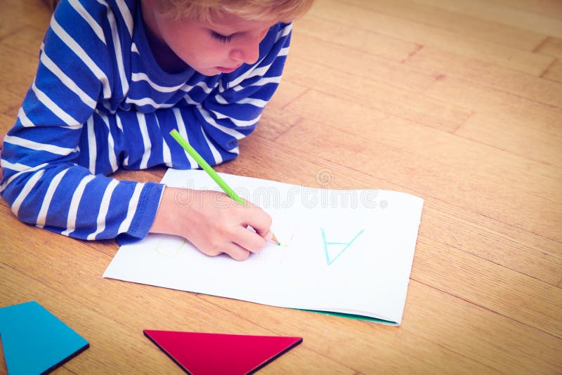 Boy Writing Letters Learning Procces Son Smart Child Stock Photo ...