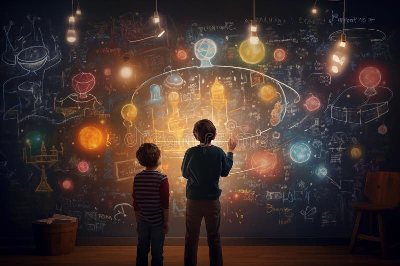 Little Boys Drawing His Dreams on Wall. Stock Illustration ...
