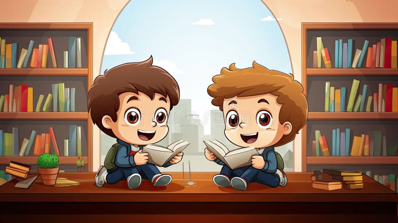 Two Boys Reading a Book on a Starry Night. Vector Illustration Stock ...