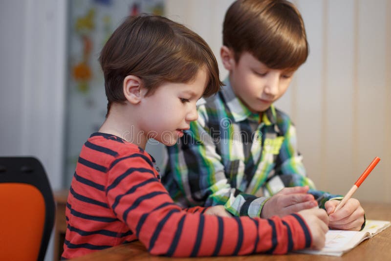 Little Boys Study Math Together at Desk Stock Image - Image of ...