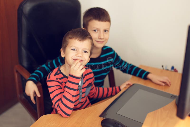 Little Boys Using Computer at Home Stock Image - Image of childhood ...