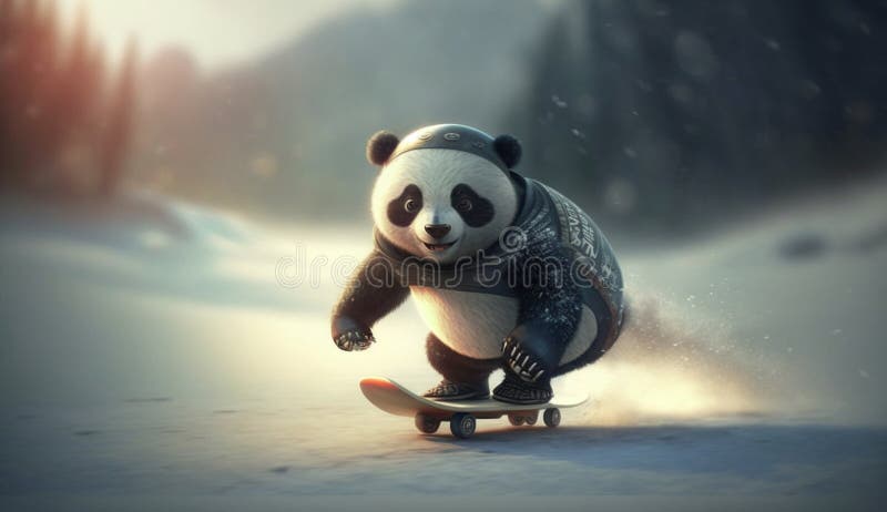 A Little Brave Panda is Riding a Snowboard. Generative AI Stock ...