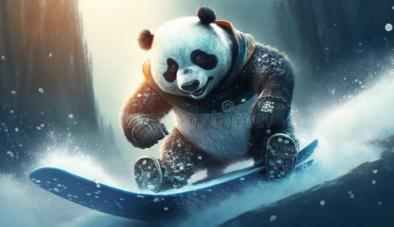 A Little Brave Panda is Riding a Snowboard. Generative AI Stock ...