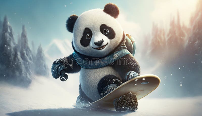 A Little Brave Panda is Riding a Snowboard. Generative AI Stock ...