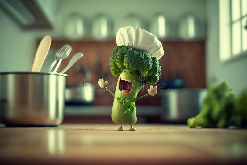 Little Broccoli Character Standing in Front of Pot of Broccoli ...