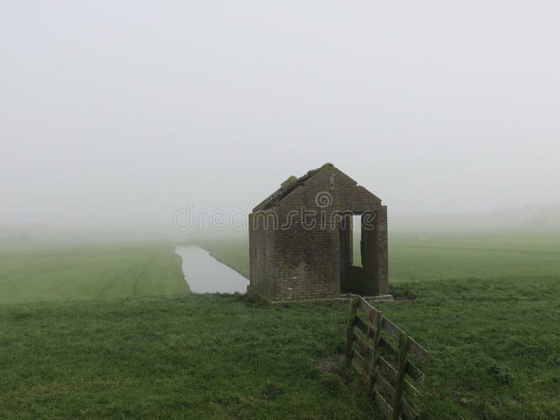 Little Broken House in a Misty Landscape in the Meadow Stock Image ...