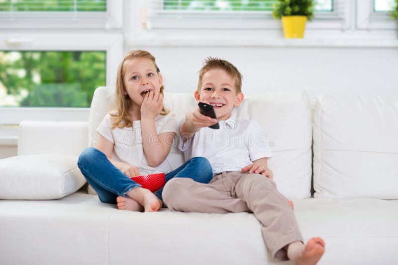Group of Happy Kids Watching Tv at Home Stock Image - Image of friend ...
