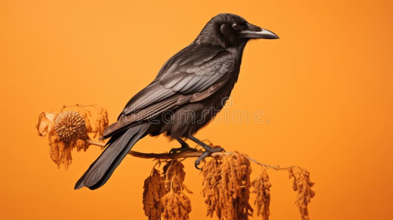 Photographically Detailed Portrait of a Crow on an Orange Background ...